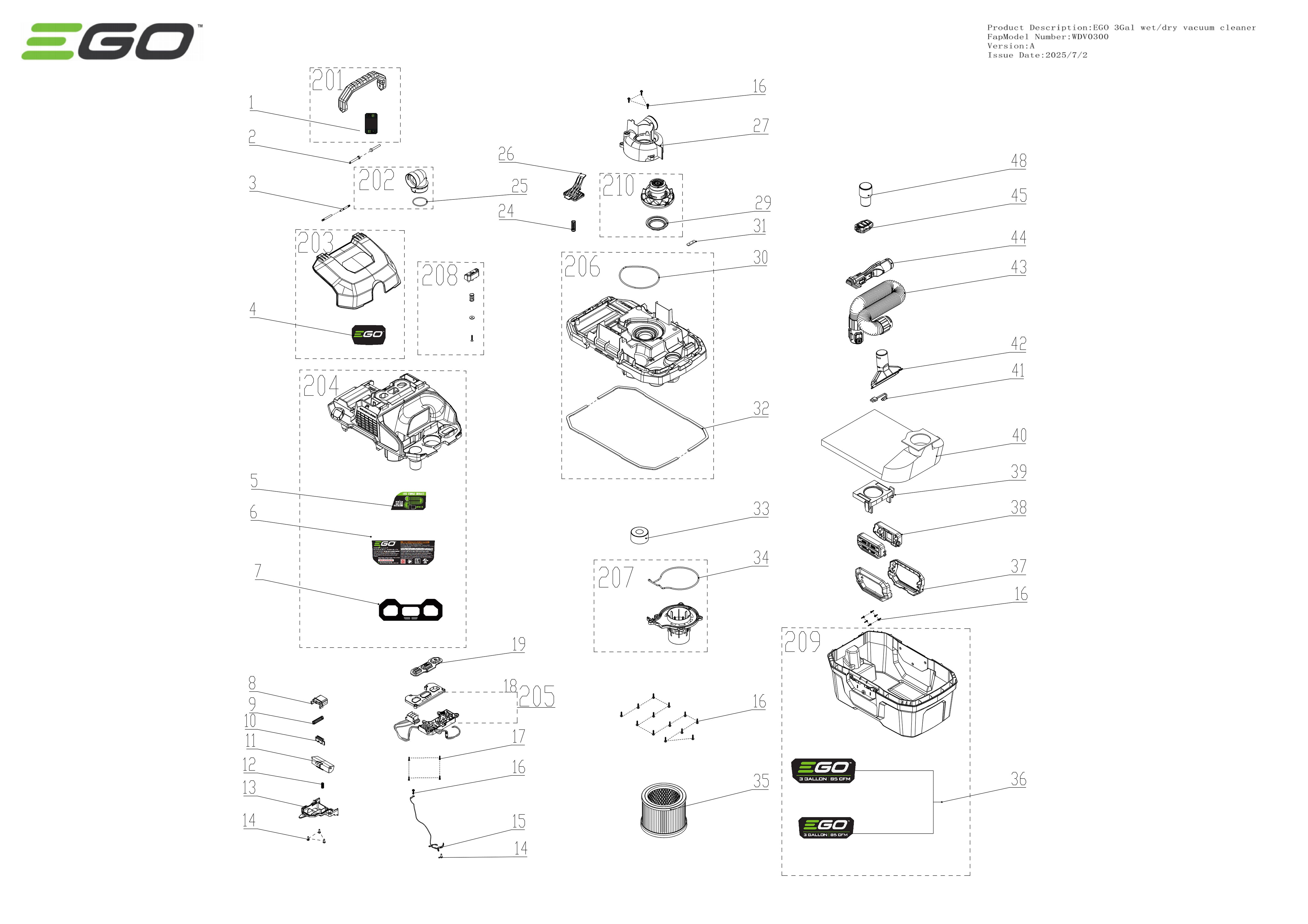 EGO WET / DRY VACUUM PARTS DIAGRAMS